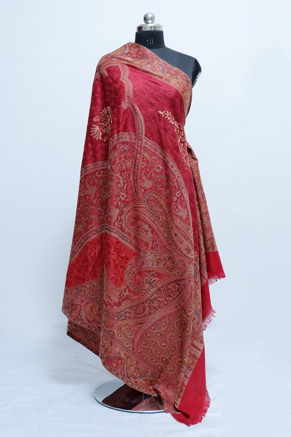 Maroon colour jamawar shawl with kashmiri aari work looks/ elegant.