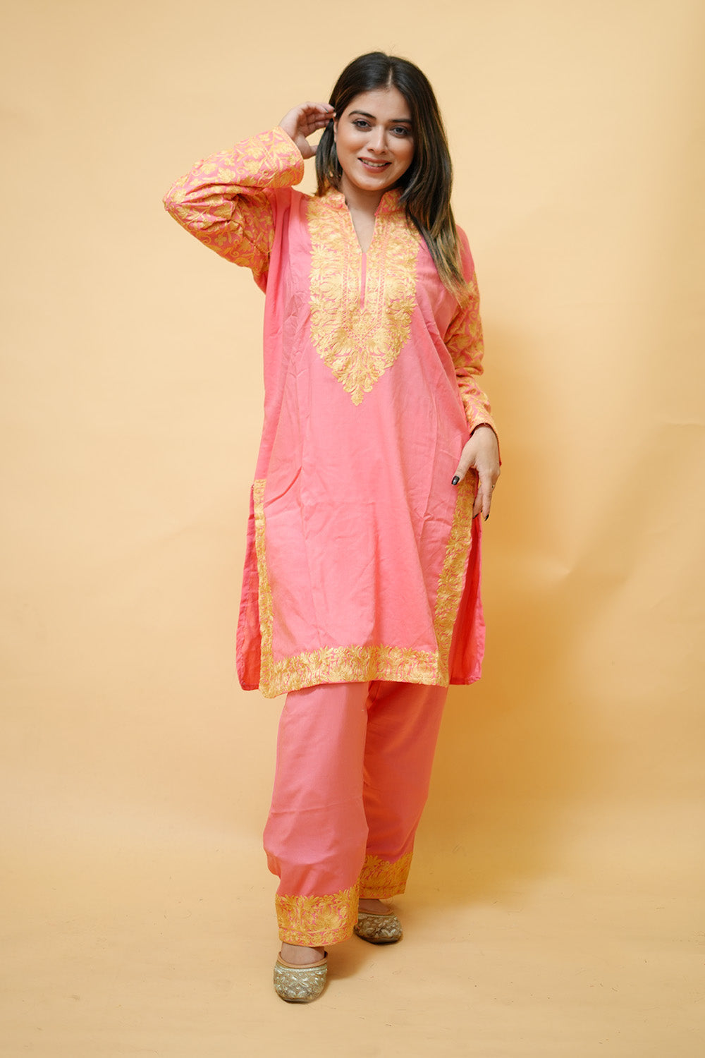 Aari work stitched salwar kameez with heavy neckline and sleeves jaal