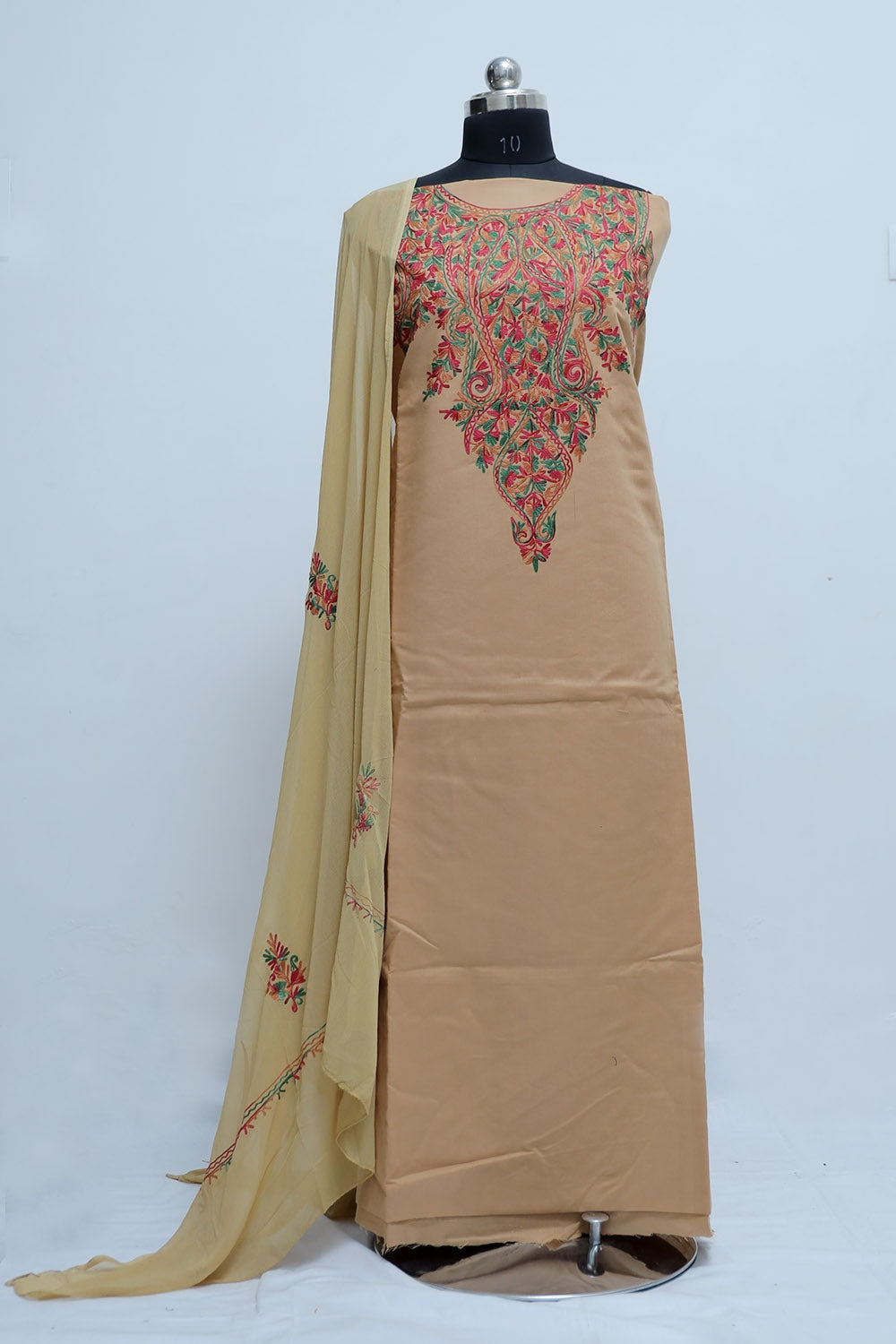 Beige colour heavy neck embroidery designer aari work suit