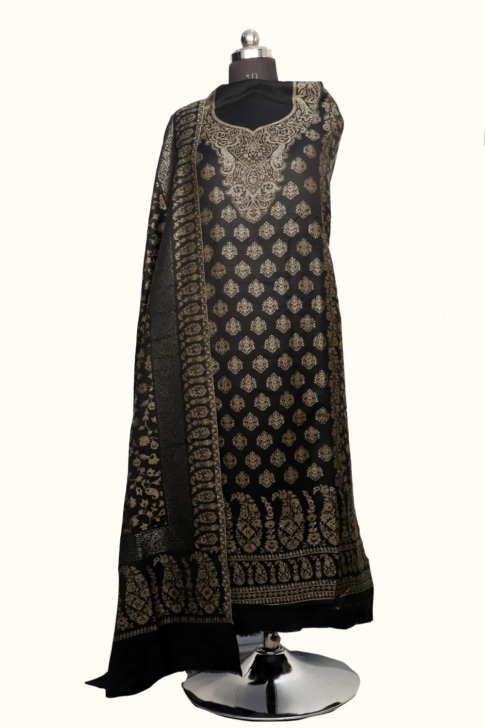 Black color woolen kashmiri kani work unstitched suit fabric