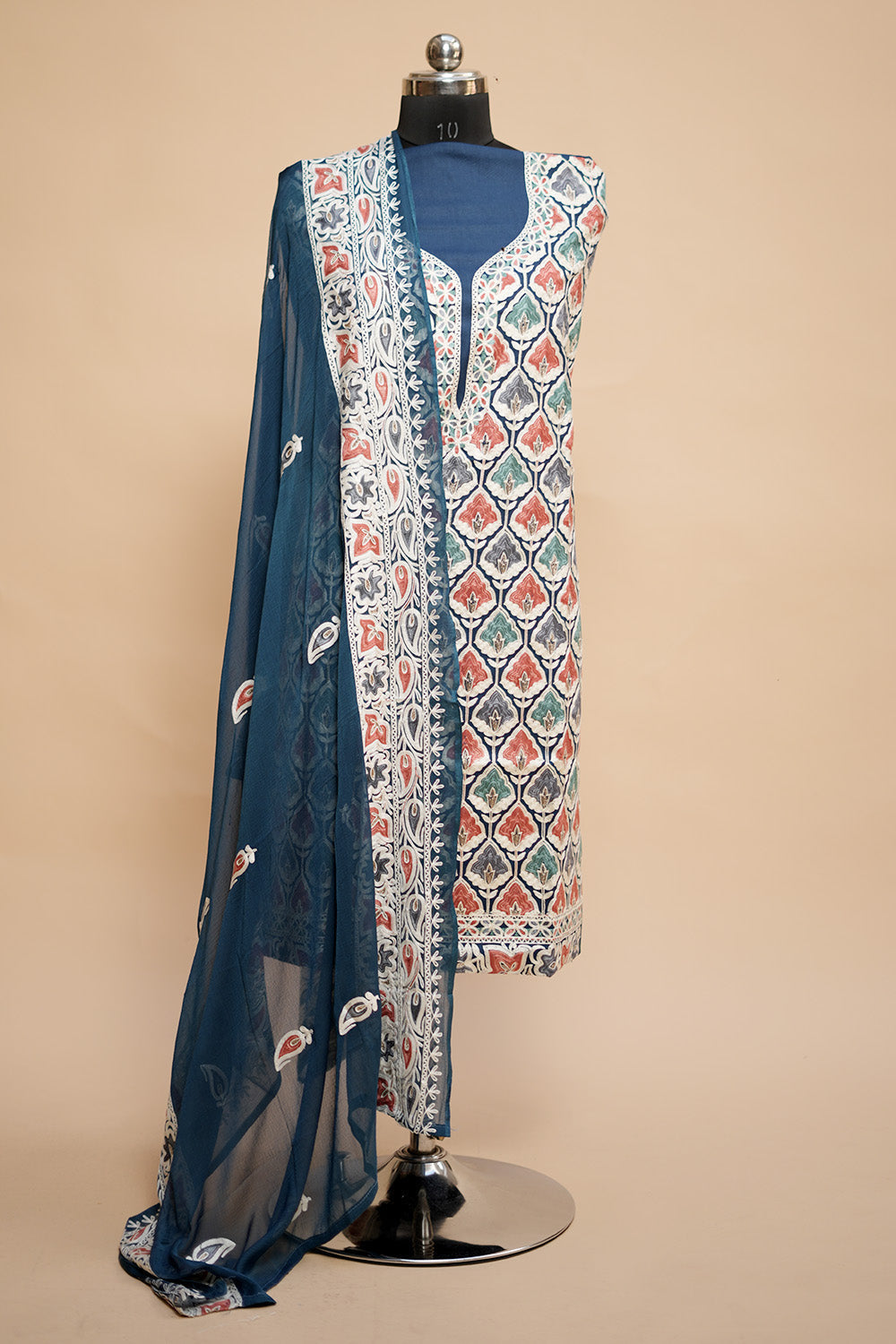 Blue colour designer aari work salwar kameez with running tulip jaal