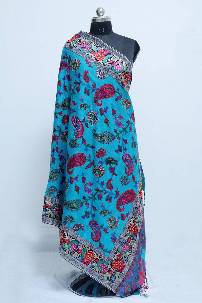 Blue colour designer shawl with beautifully highlighted pattern