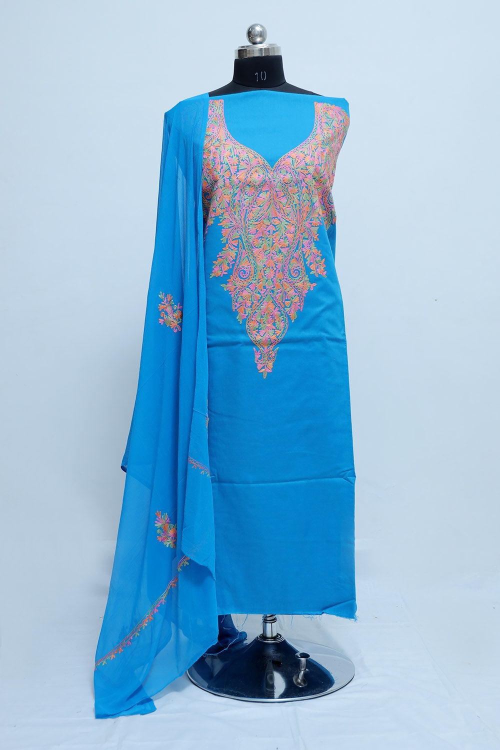 Blue colour heavy neck embroidery designer aari work suit with floral