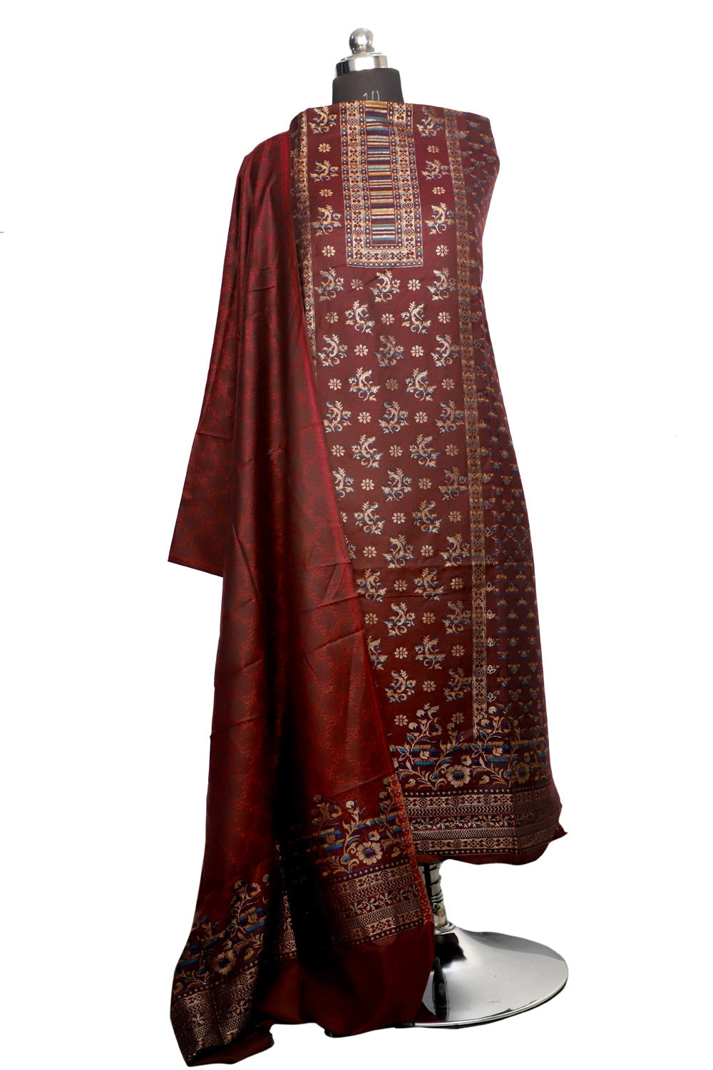 Brown color woolen kashmiri kani work unstitched suit fabric