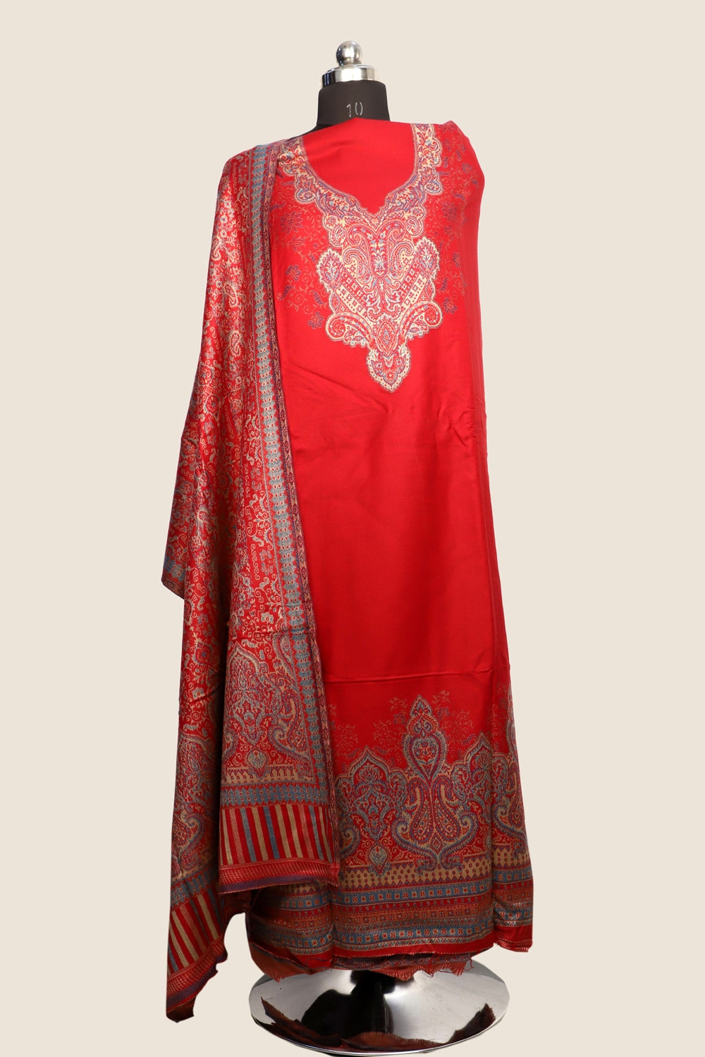 Red color woolen kashmiri kani work unstitched suit fabric with stole.