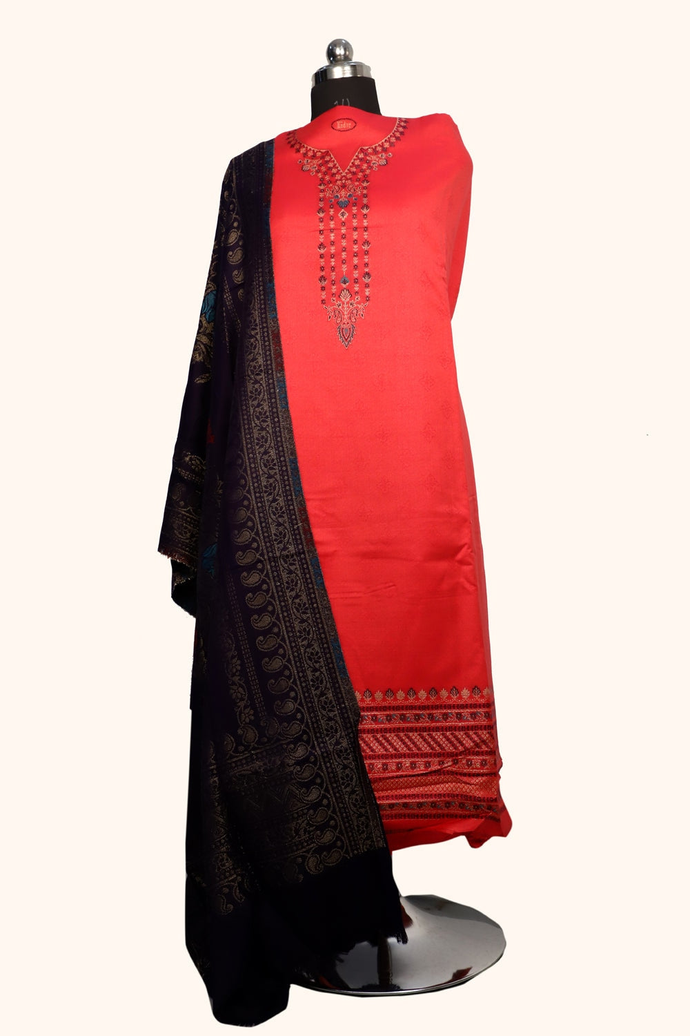 Red color woolen kashmiri kani work unstitched suit fabric with stole.
