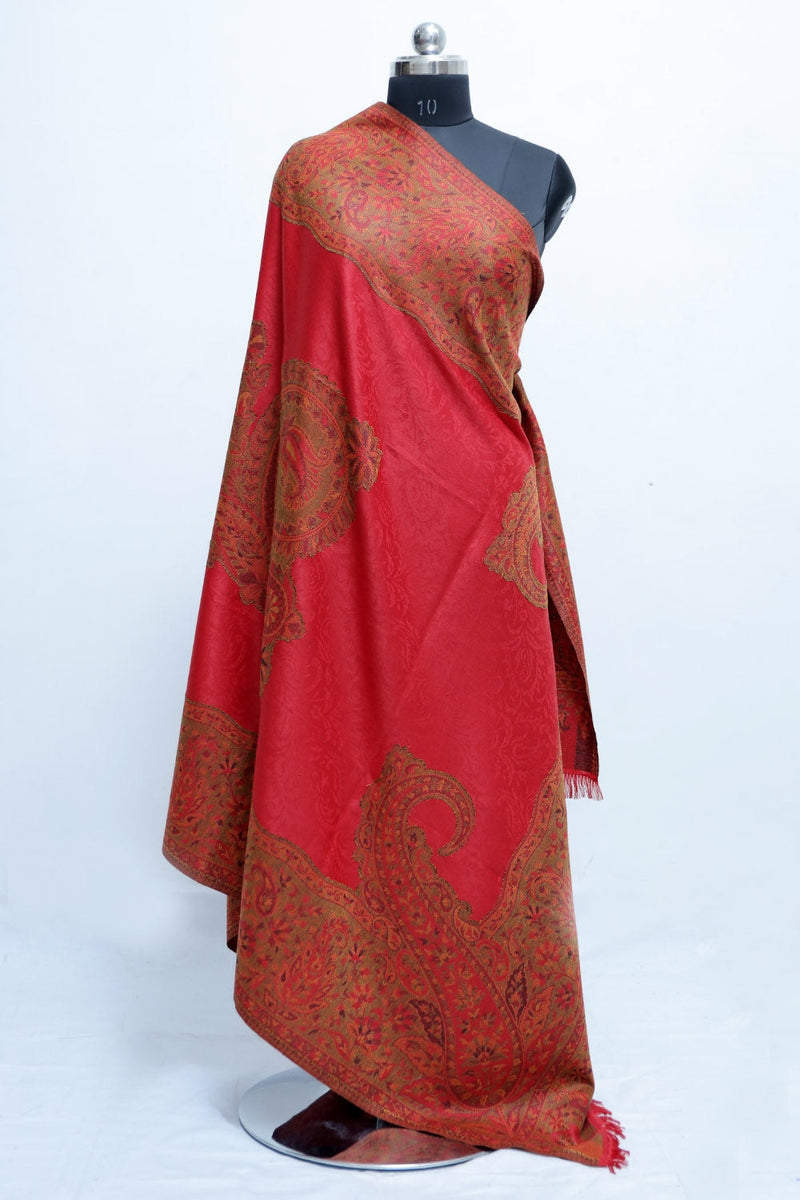Red colour jamawar shawl with highly defined borders and all over