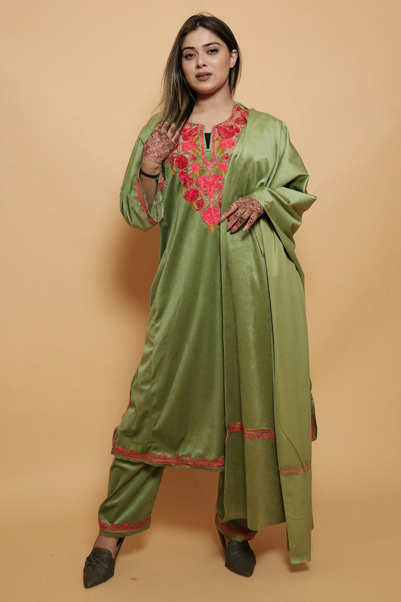 Green color kashmiri pheran set with kashida aari work