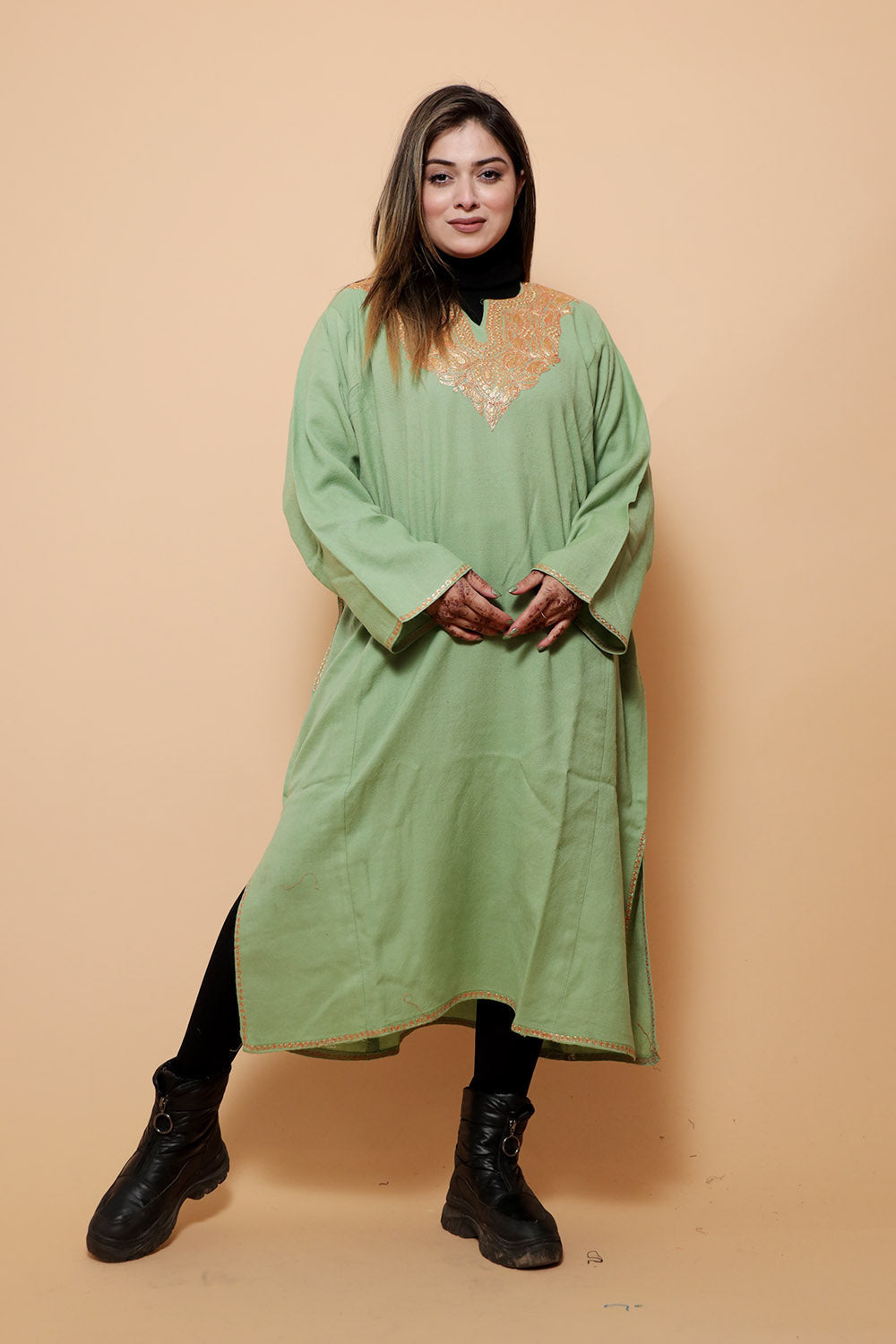 Green color kashmiri work embroidered phiran enriched with zari