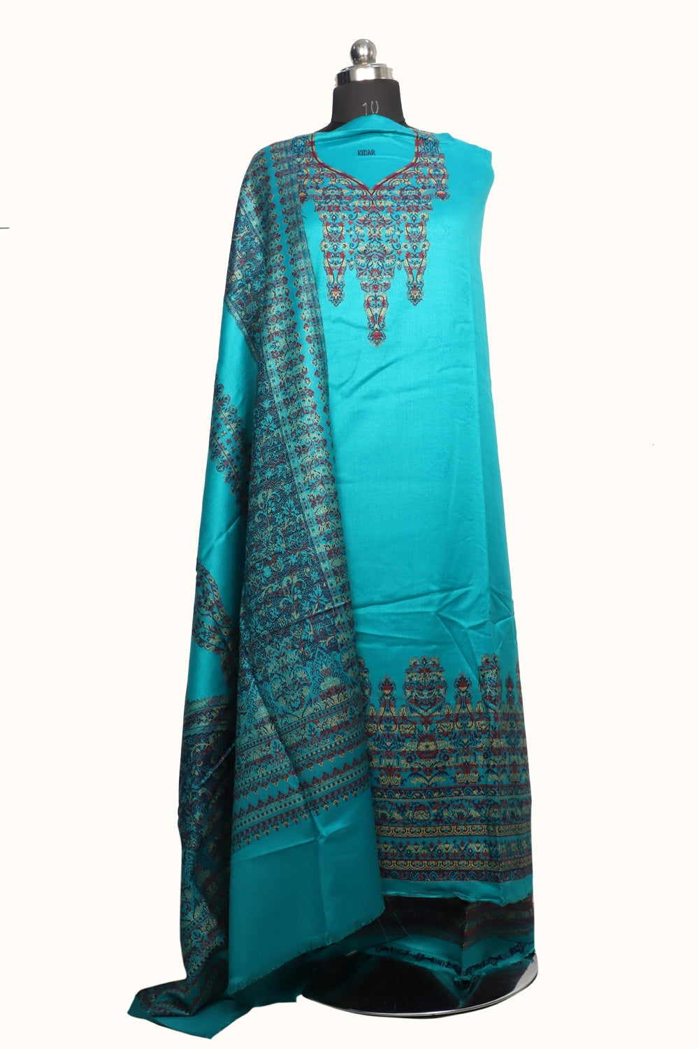 Sea green color woolen kashmiri kani work unstitched suit fabric
