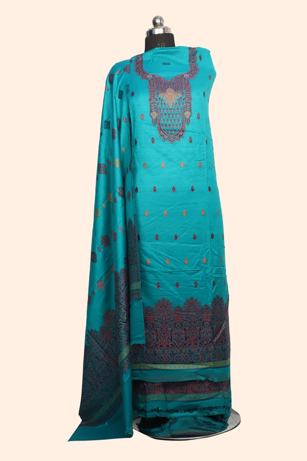 Sea green color woolen kashmiri kani work unstitched suit fabric