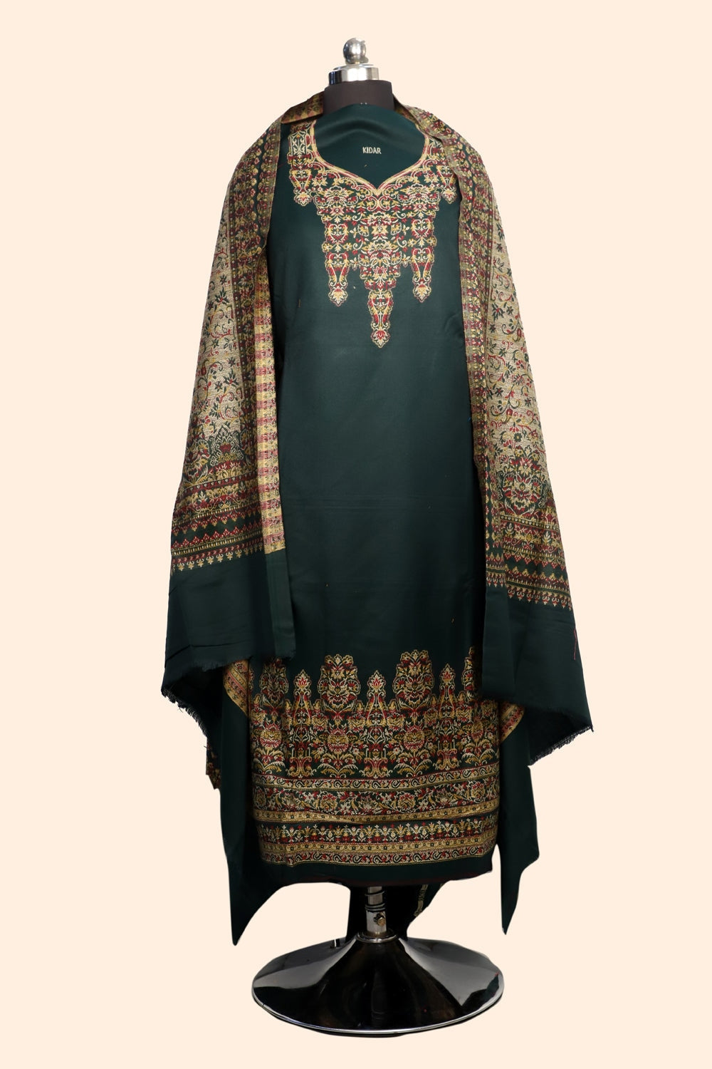 Green color woolen kashmiri kani work unstitched suit fabric