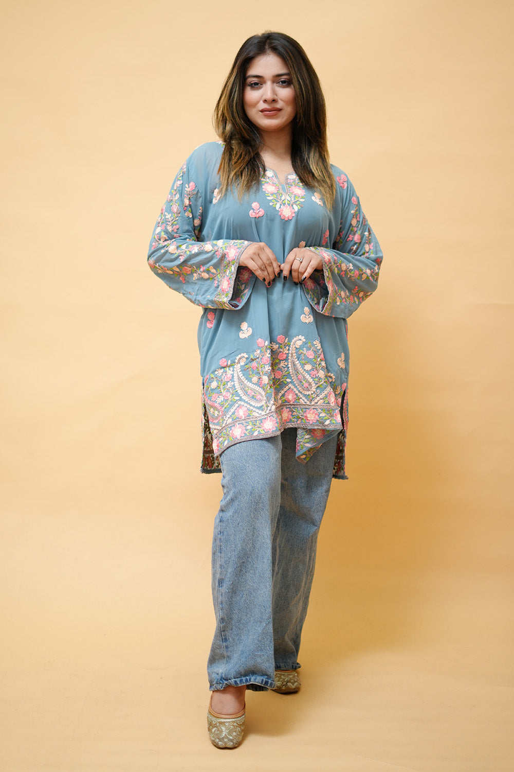 Grey colour aari work neck short kashmiri kurti with thread embroidery