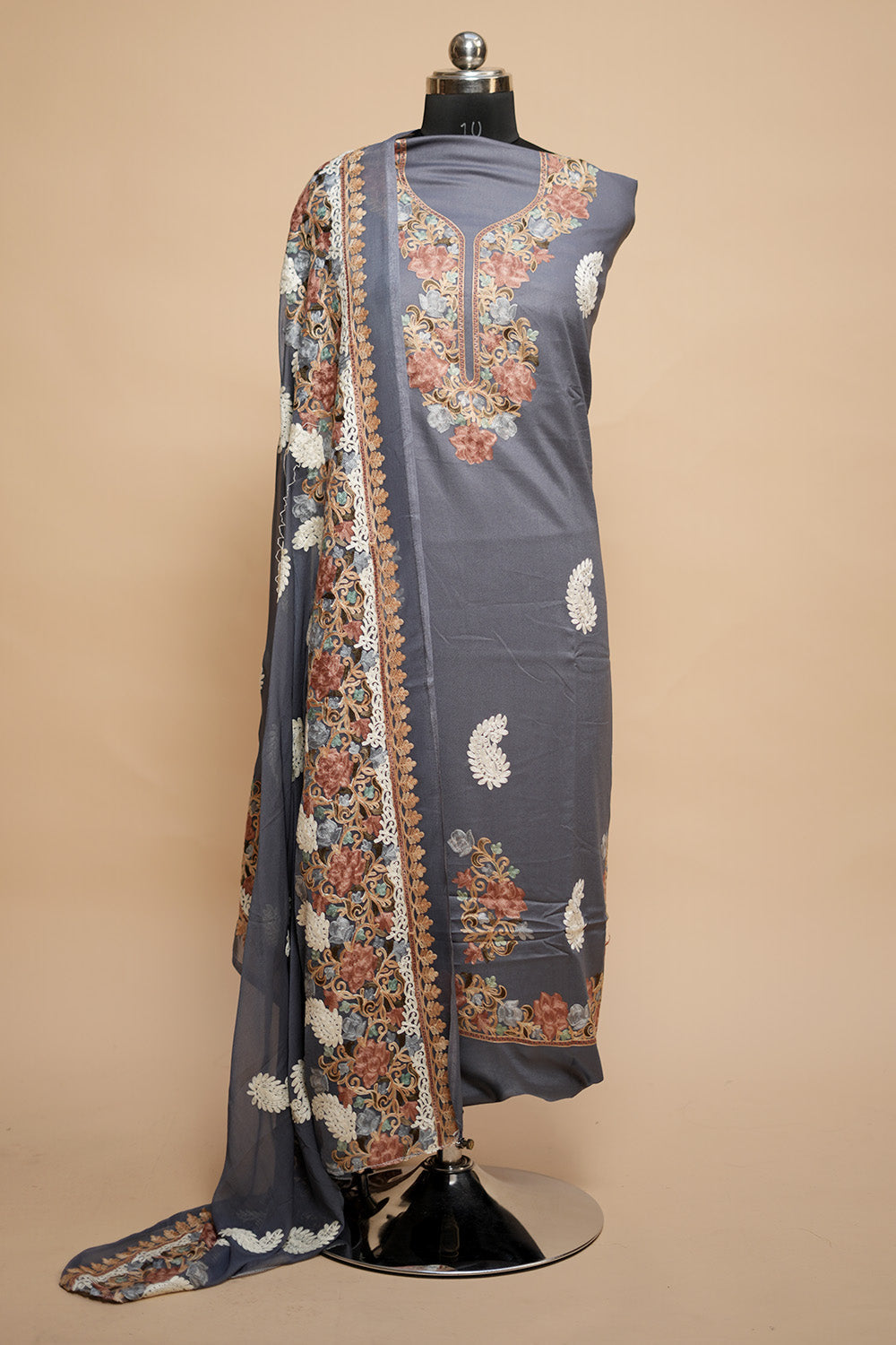 Grey colour designer aari work salwar kameez with running neckline
