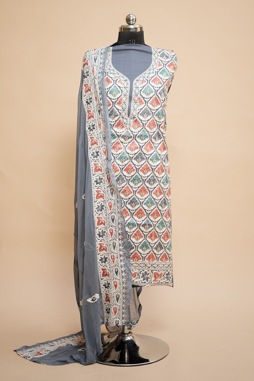 Grey colour designer aari work salwar kameez with running tulip jaal