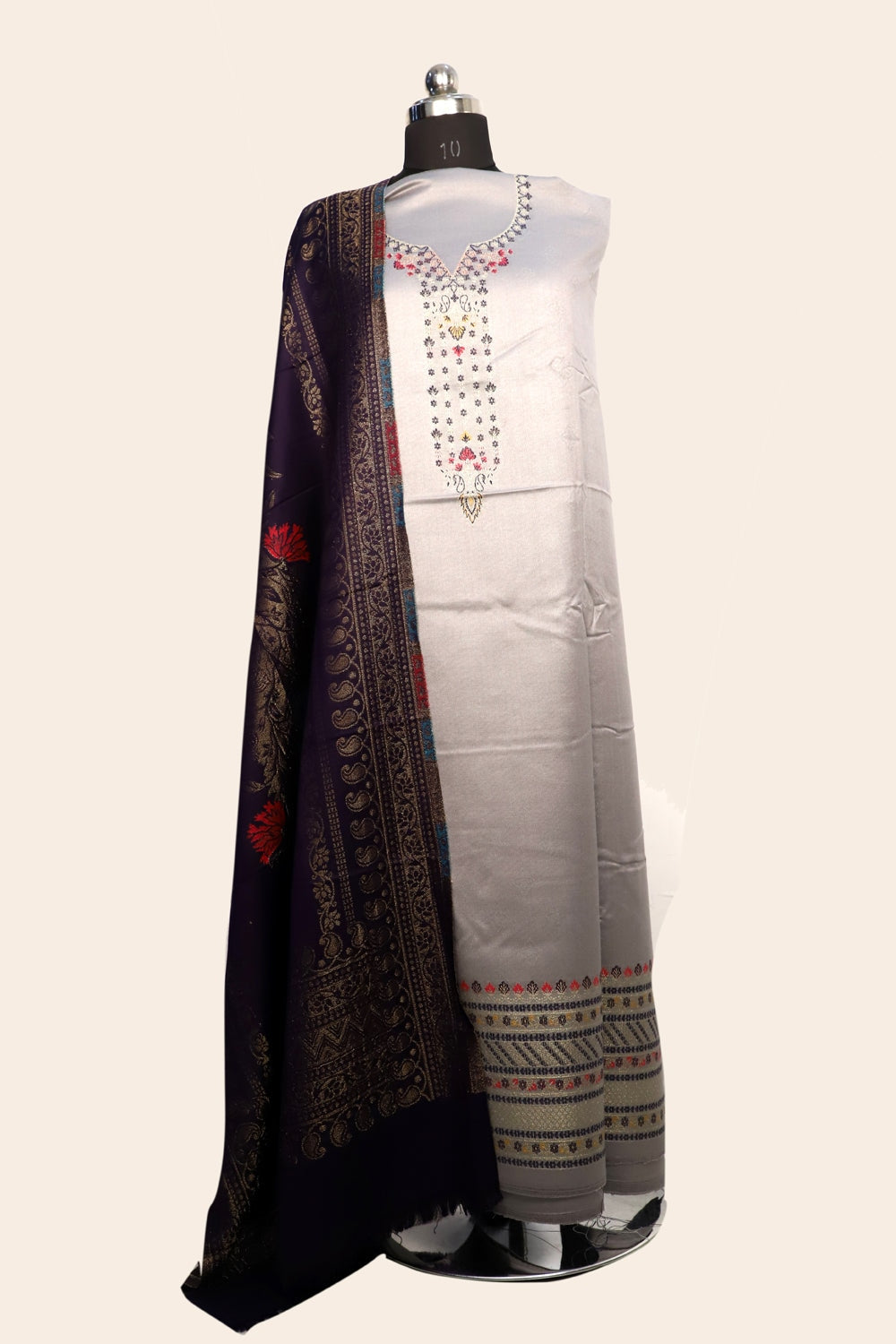 Ligh grey color woolen kashmiri kani work unstitched suit fabric