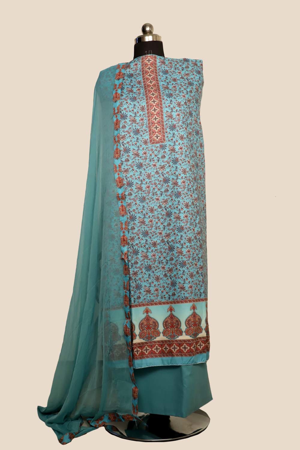 Light blue colour cotton kani printer unstitched suit fabric