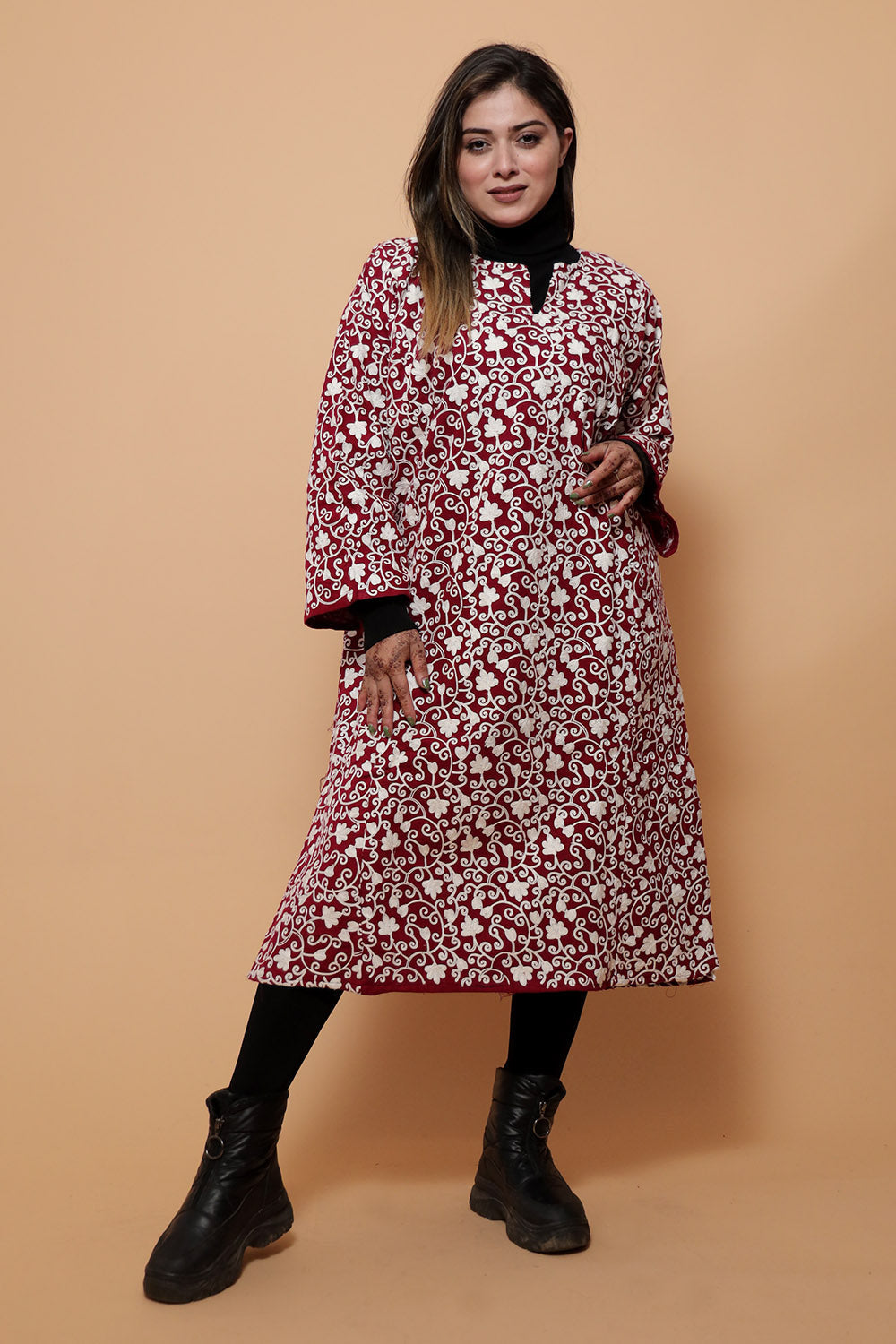 Maroon color kashmiri work phiran enriched designer black jaal pattern