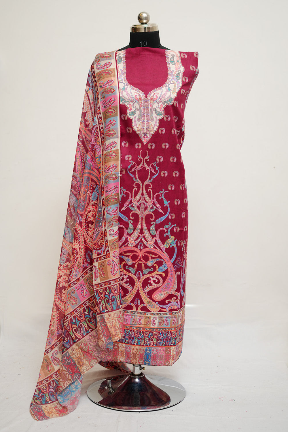 Maroon colour cotton kani printed unstitched suit fabric with dupatta.