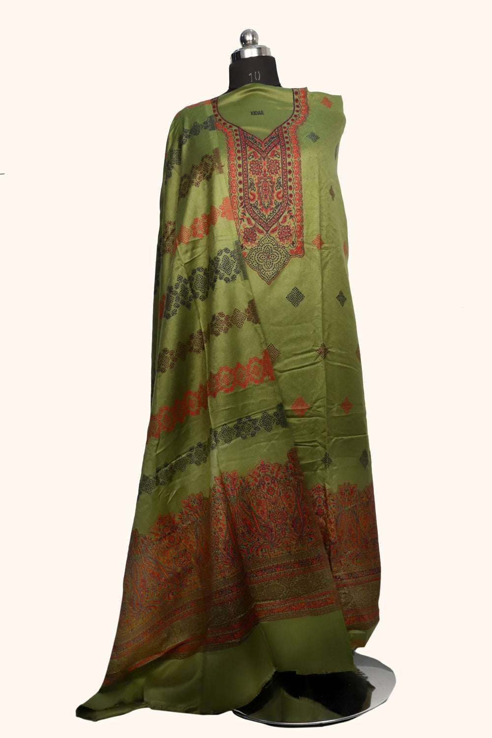 Mehandi green color woolen kashmiri kani work unstitched suit fabric