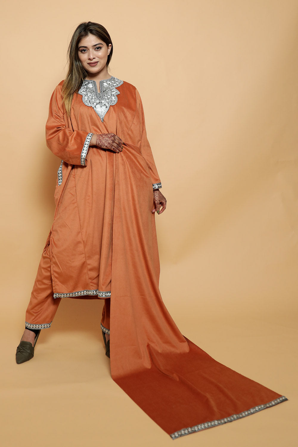 Mustard color kashmiri pheran set with tilla patch work