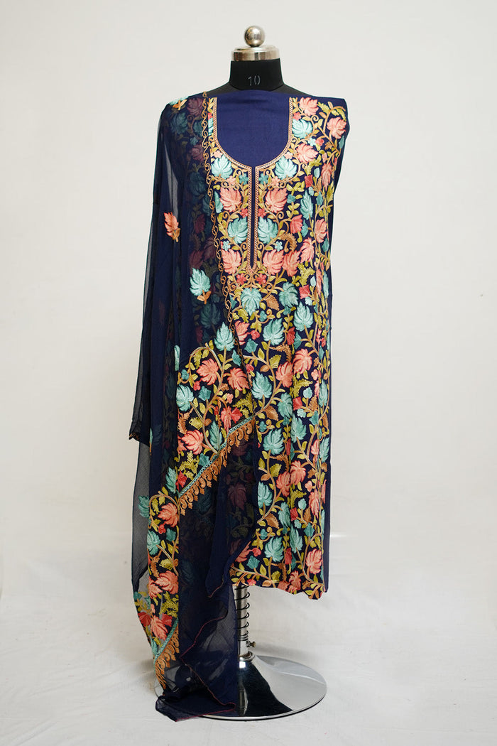 Navy blue aari work salwar kameez with chinar heavy jaal pattern