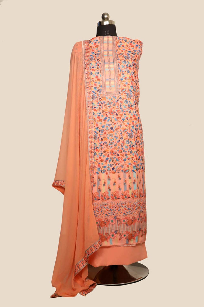 Peach colour cotton kani printer unstitched suit fabric with dupatta