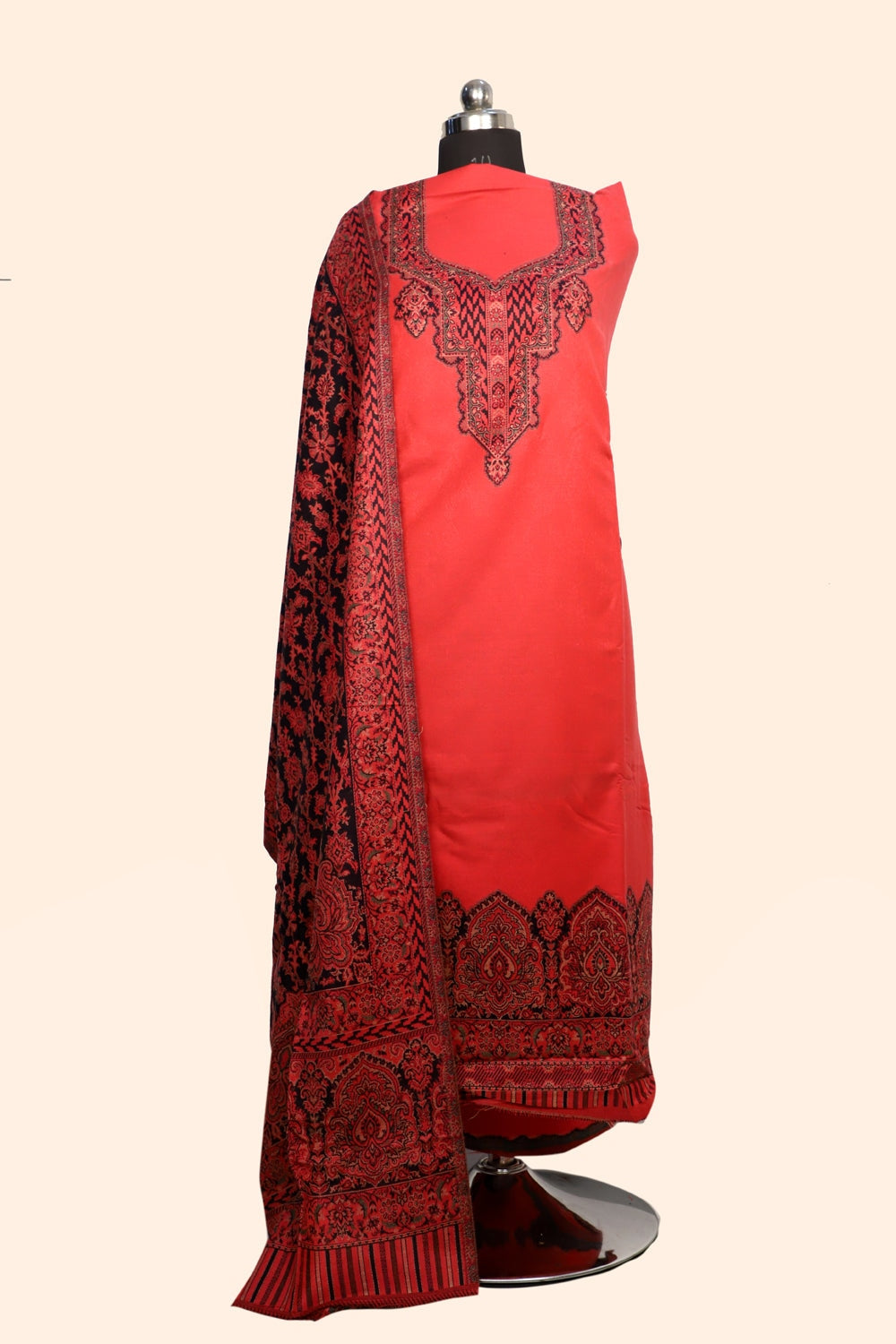 Pink color woolen kashmiri kani work unstitched suit fabric