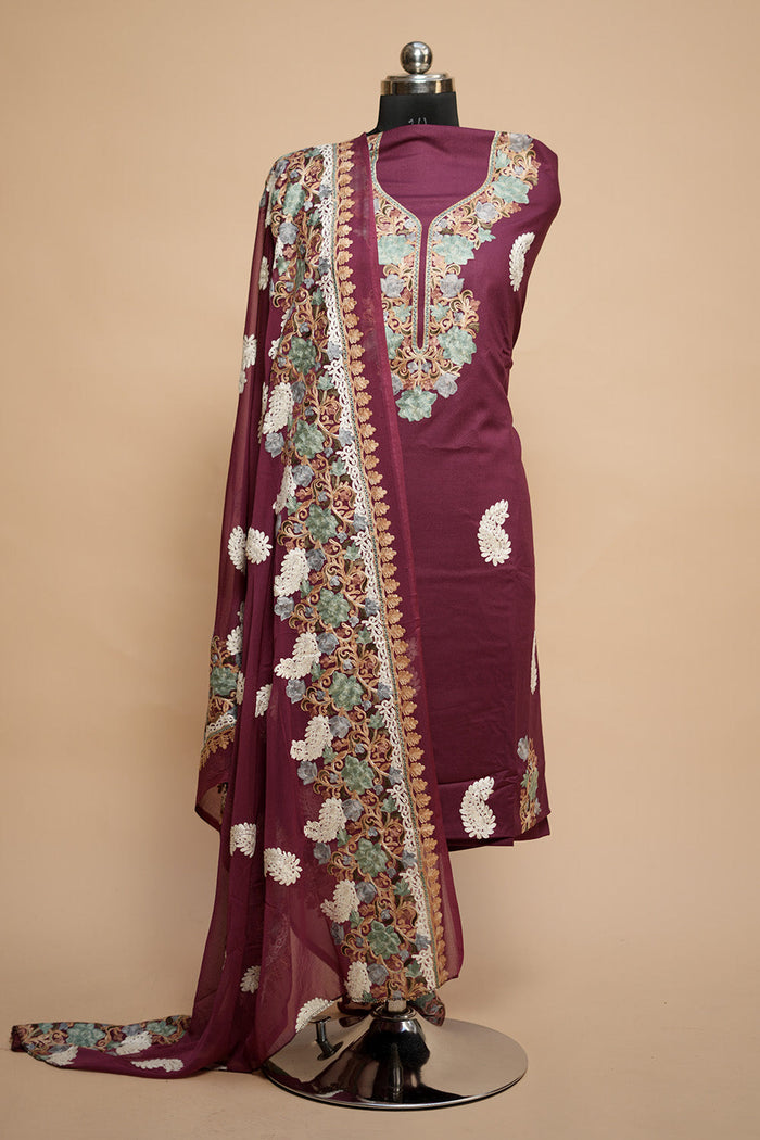 Purple colour designer aari work salwar kameez with running neckline