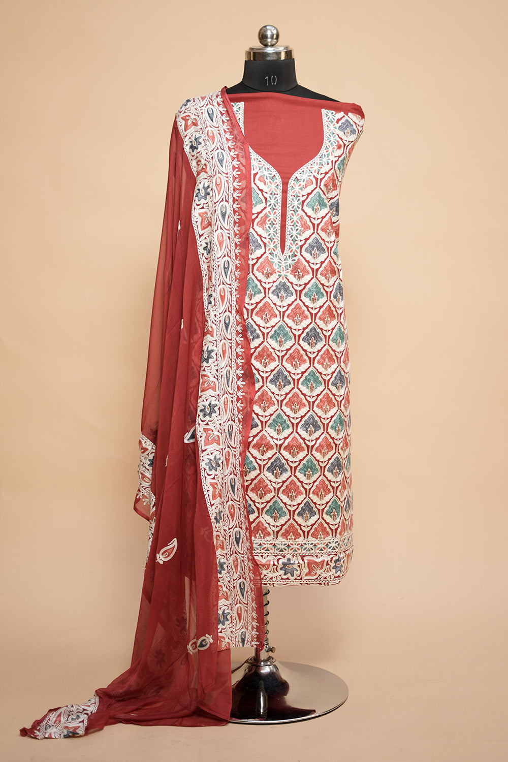 Red colour designer aari work salwar kameez with running tulip jaal