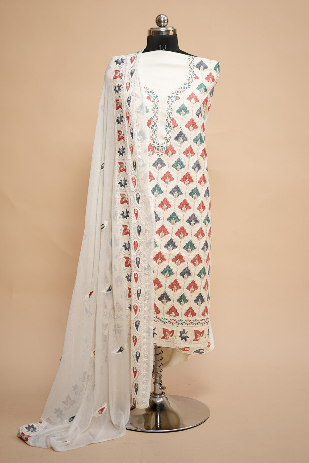 White colour designer aari work salwar kameez with running tulip jaal