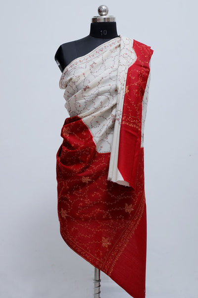 White maroon kashmiri sozni work shawl with running jaal pattern