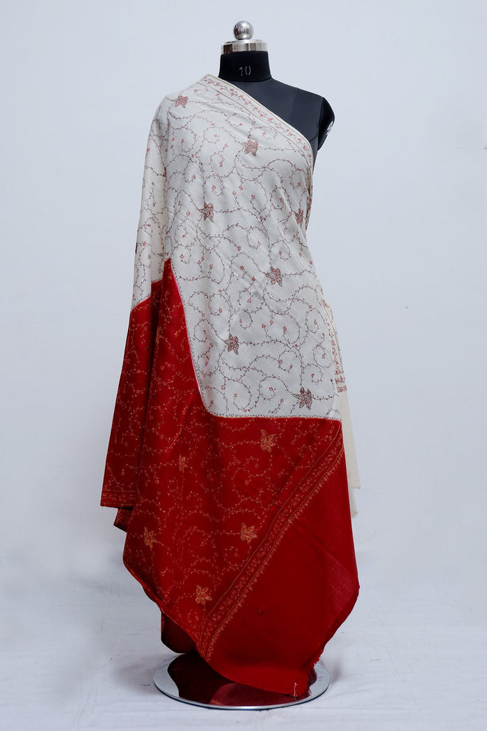 White maroon kashmiri sozni work shawl with running jaal pattern