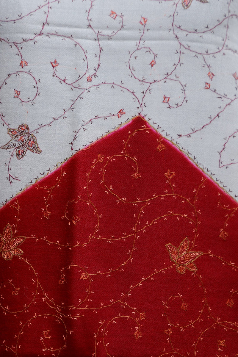White maroon kashmiri sozni work shawl with running jaal pattern