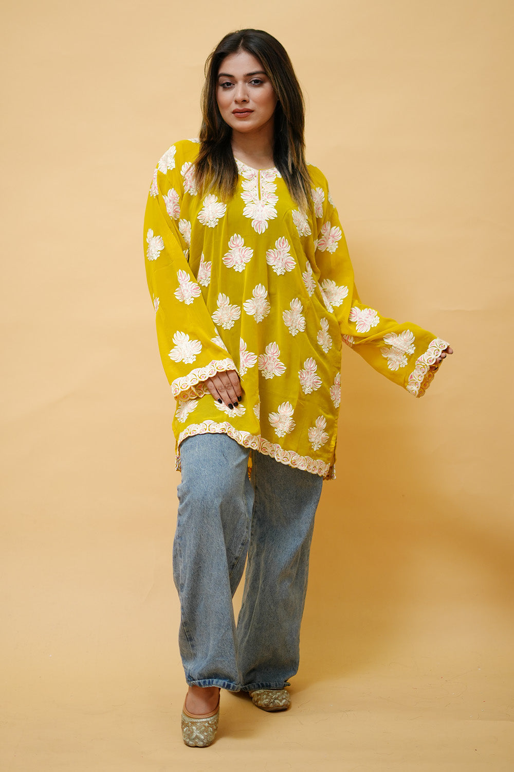 Yellow colour aari work neck short kashmiri kurti with thread