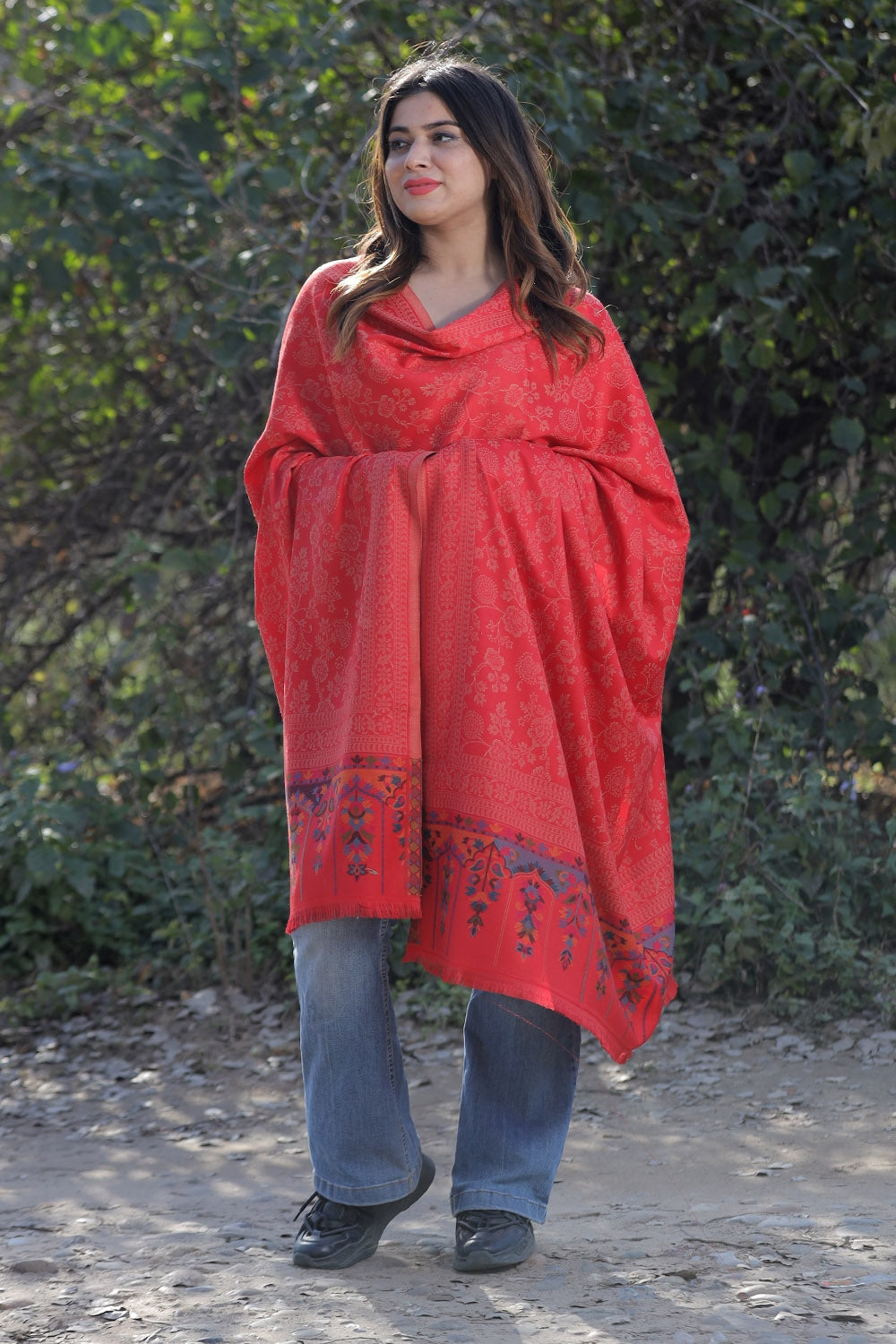 Attractive red colour kani shawl work defines royal and luxurious