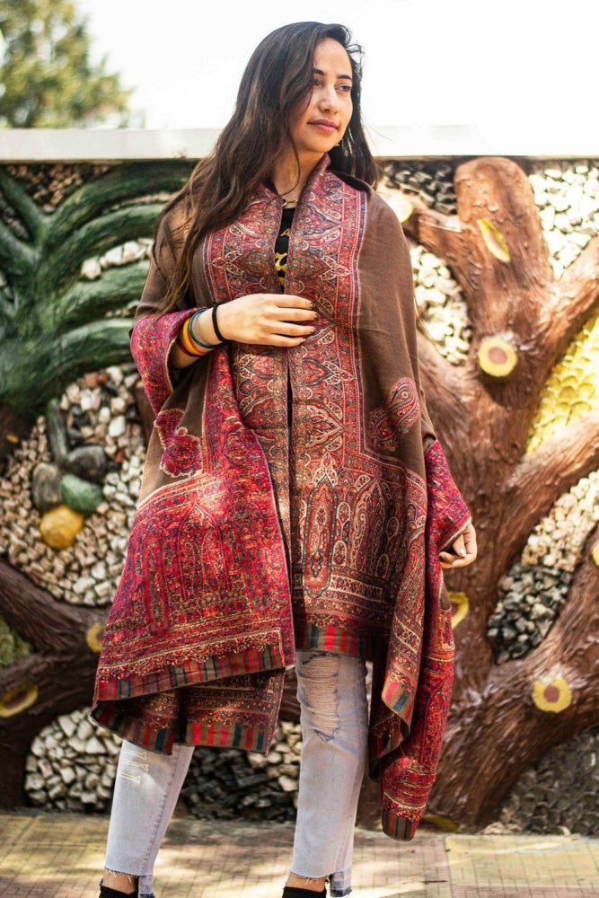 Brown Colour Kani Shawl With Kani Style Bold And Dense Border Gives