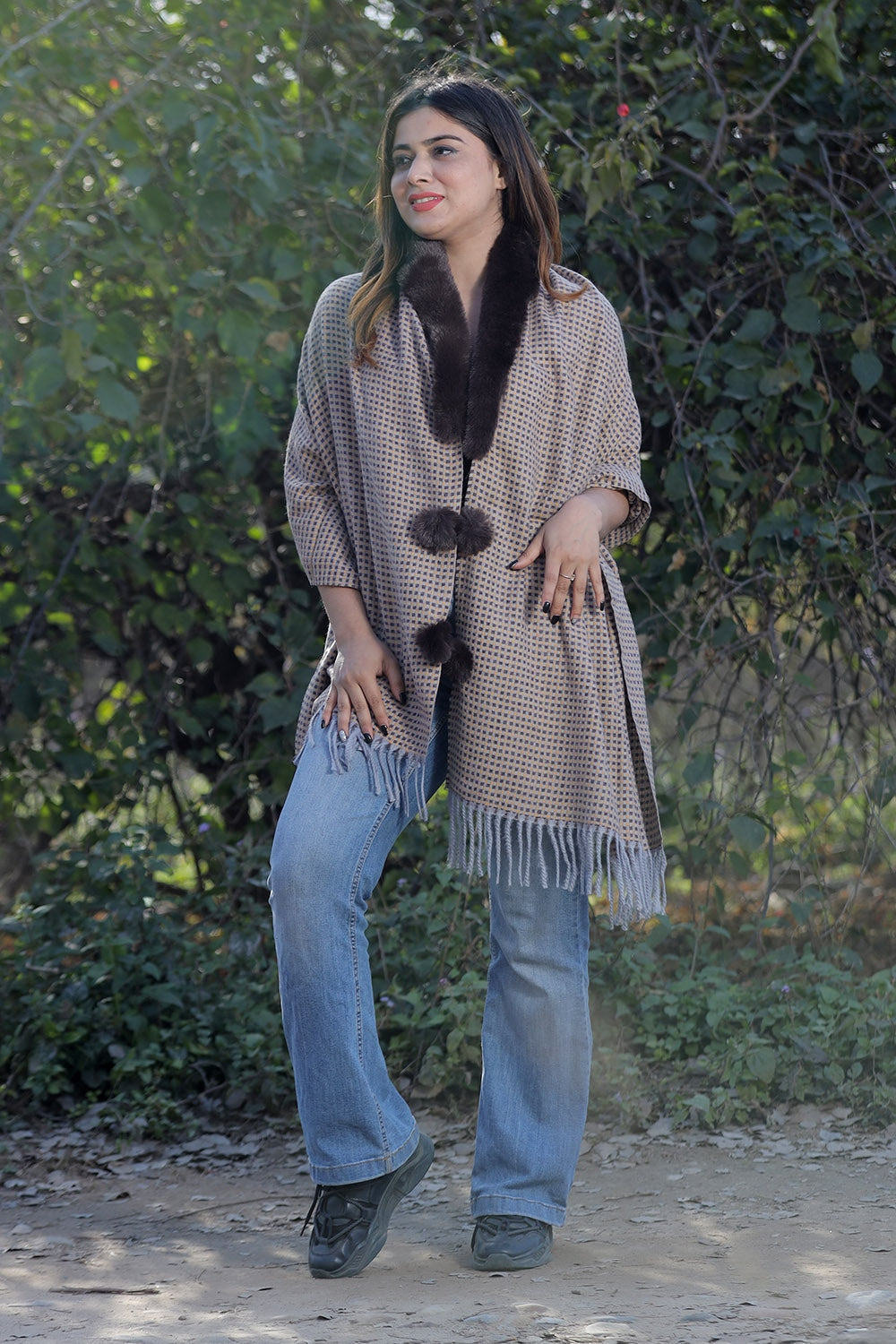 Brown & fawn colour woollen cashmere faux fur cape stole.