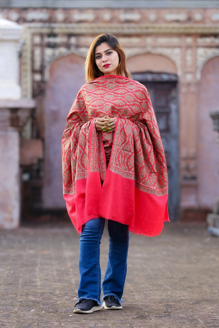 Burning red colour embroidered sozni shawl enriched with beautiful