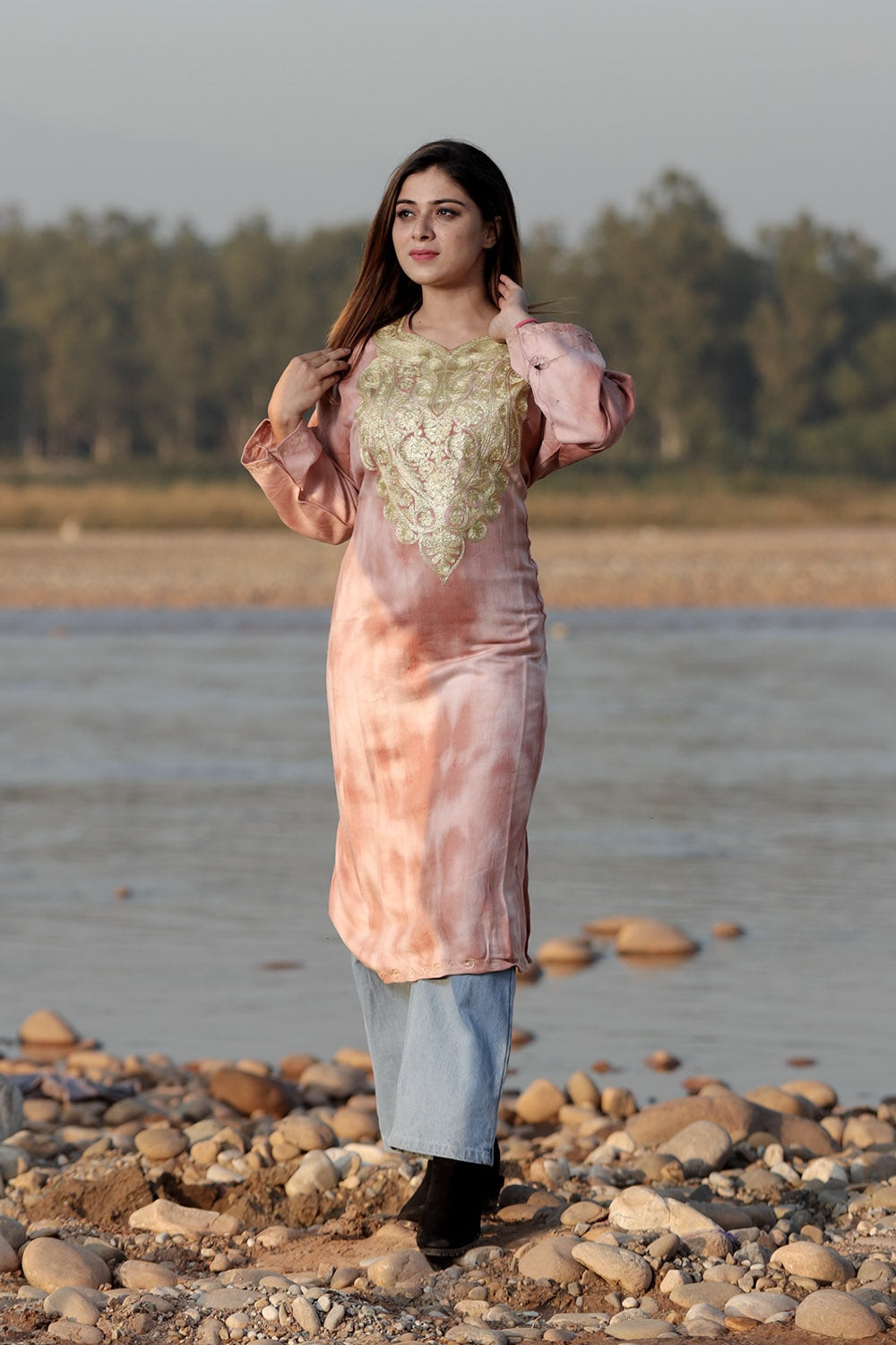 Charming pastel pink colour tie dye aari tilla work embroidered