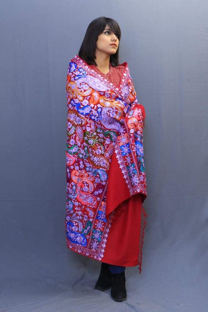 Maroonish red colour wrap with richly designed aari jaal and highly