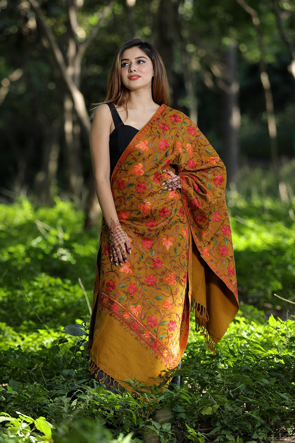 Mustard colour wolen base with rich all over kashmiri jaal express