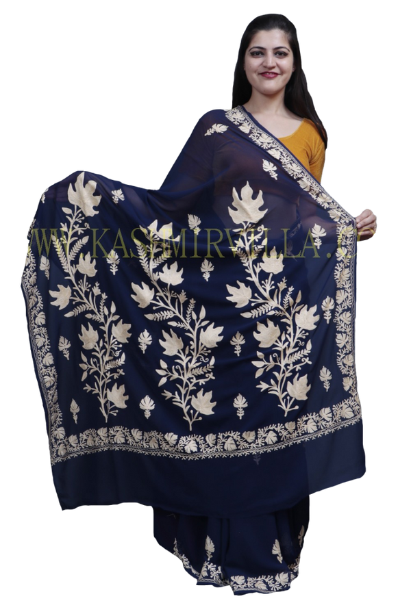 Navyblue colour kashida work saree with wonderful designing on border