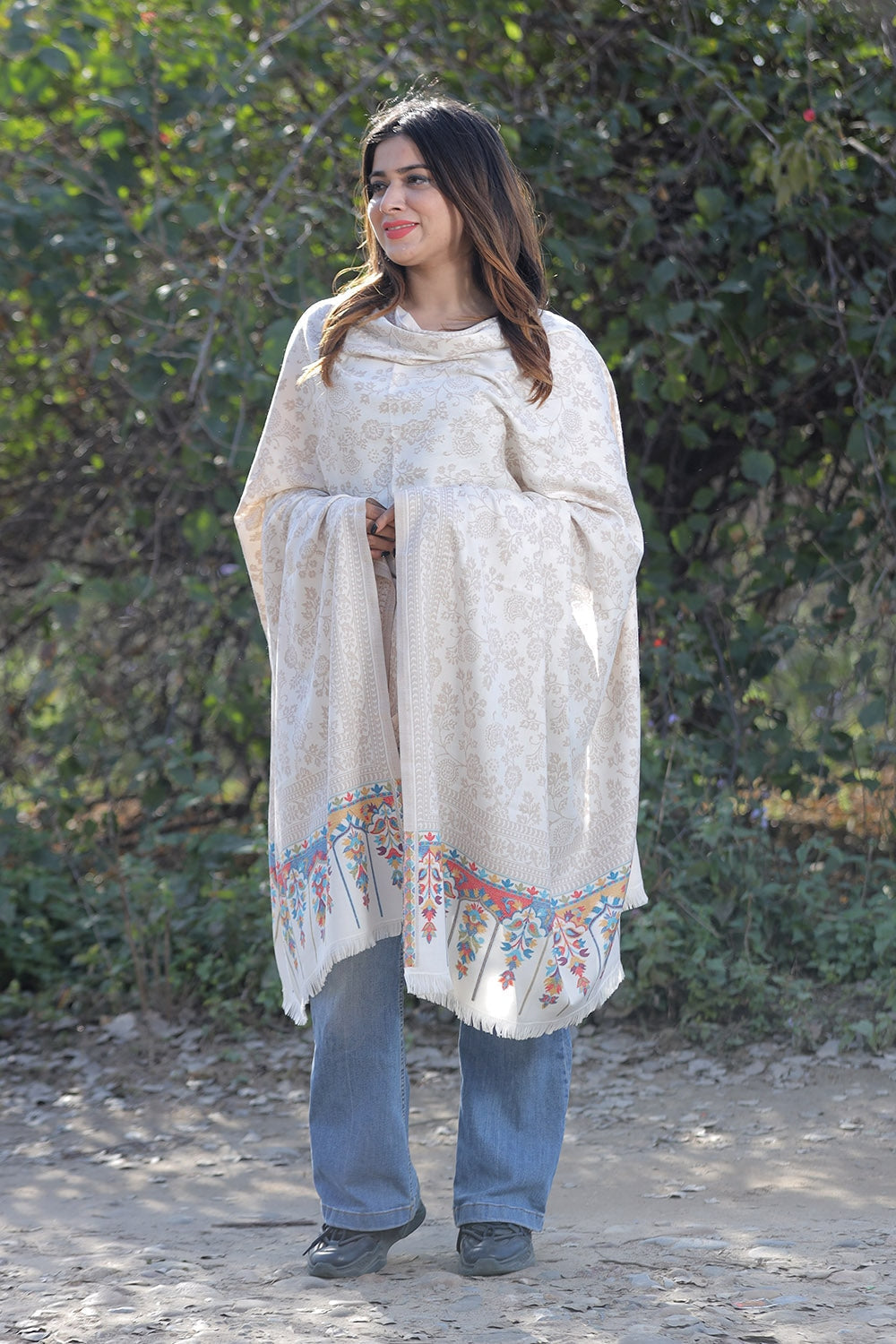 Pearl white colour kani shawl work defines royal and luxurious