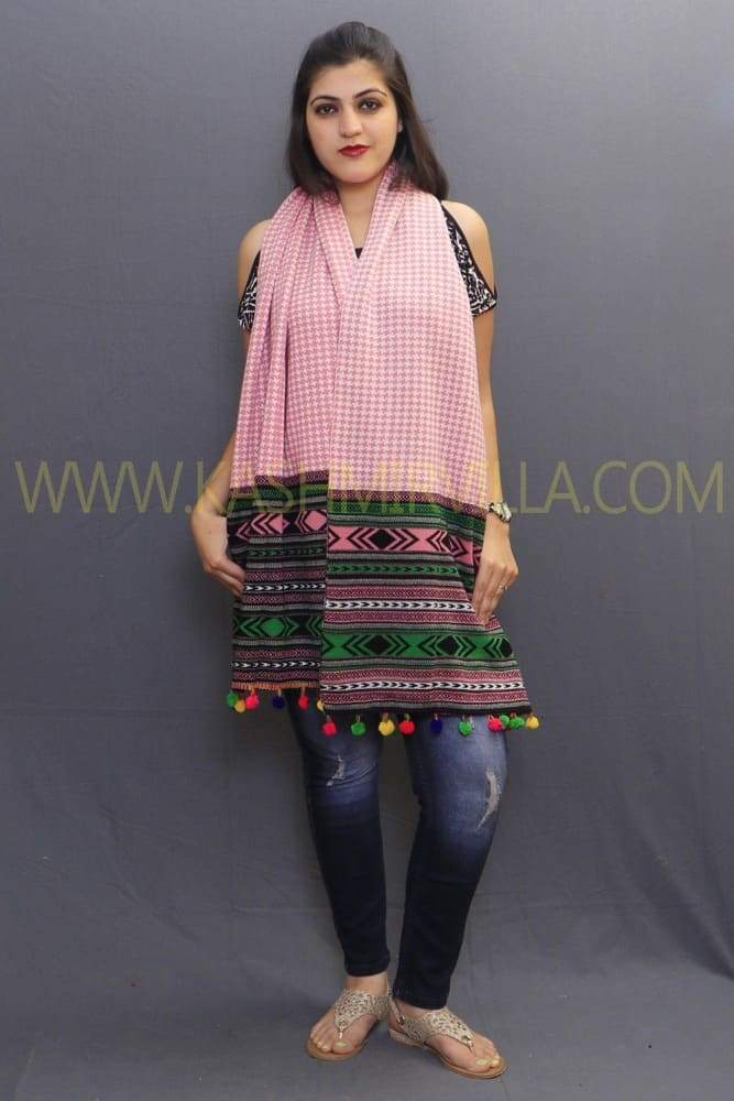 Pink color knitting stole enriched with new kullu pattern