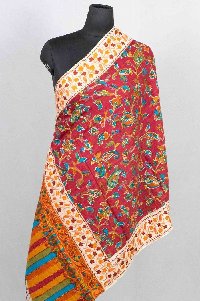 Roseate wine multicolor aari work embroidered stole enriched
