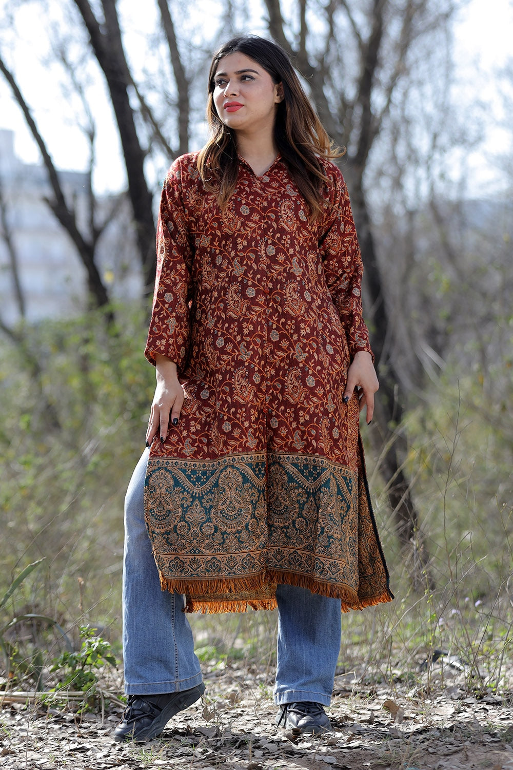 Rust Maroon Color Kashmiri Woven Sherwani Kurti With Paisleys Pattern