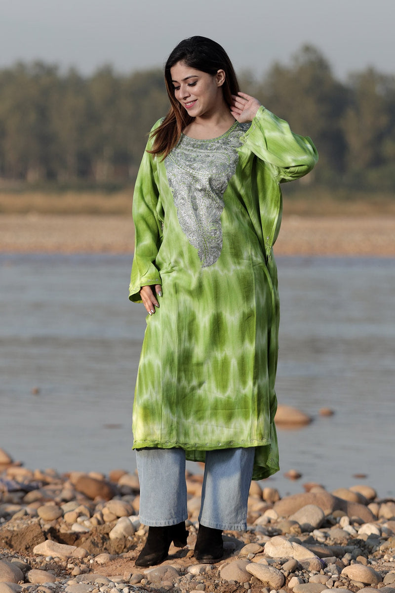 Tempting veggie green colour tie dye aari tilla work embroidered