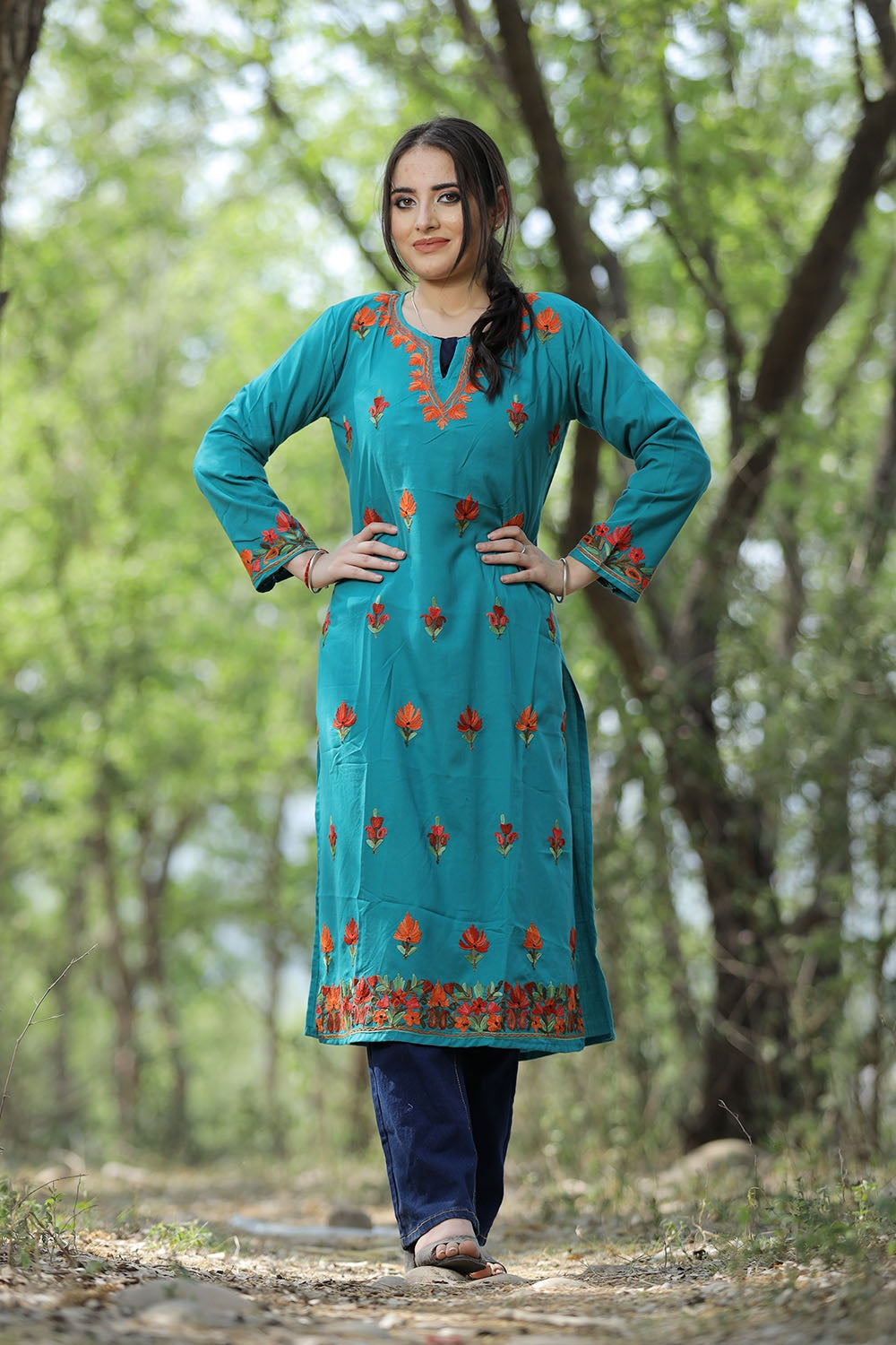 Turquoise green colour cotton kurti with kashmiri motifs with latest