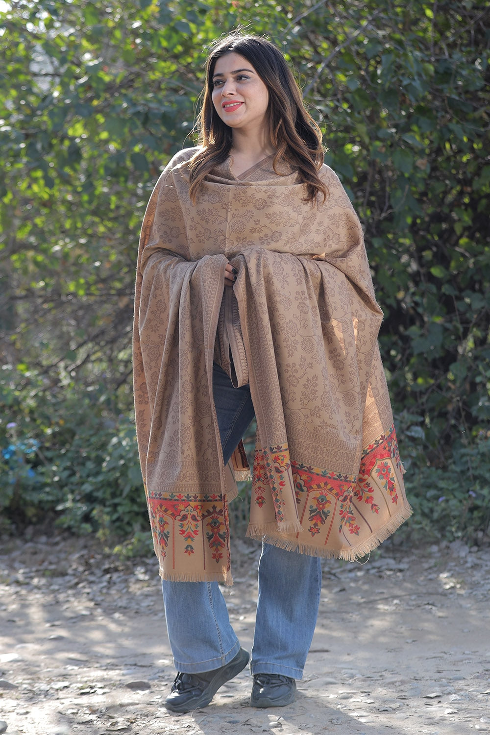 Warmth brown colour kani shawl work defines royal and luxurious